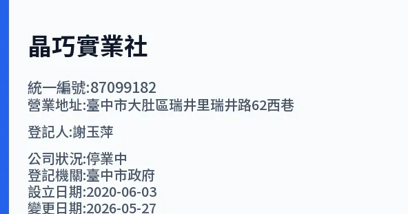 晶巧實業社的照片-統編 87099182(臺中市) 公司登記資料與營業項目詳細圖表