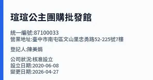 瑄瑄公主團購批發館的照片-統編 87100033(臺中市) 公司登記資料與營業項目詳細圖表