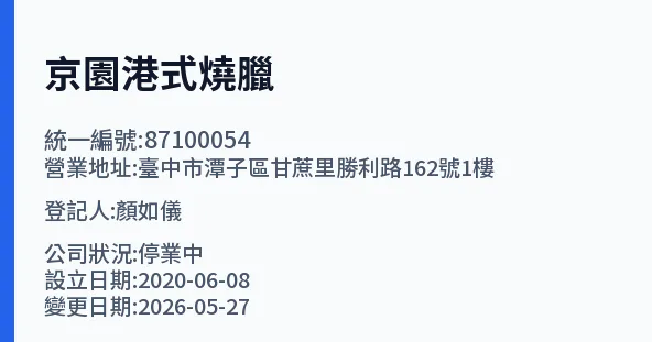 京園港式燒臘的照片-統編 87100054(臺中市) 公司登記資料與營業項目詳細圖表