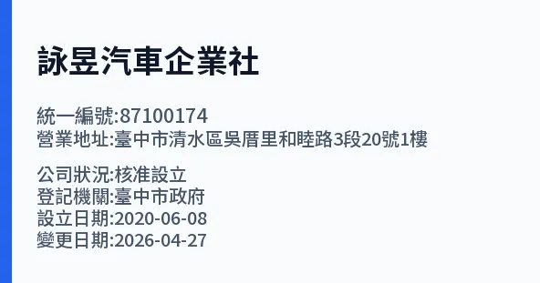 詠昱汽車企業社的照片-統編 87100174(臺中市) 公司登記資料與營業項目詳細圖表