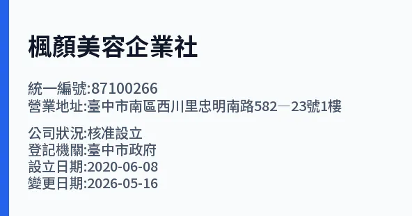楓顏美容企業社的照片-統編 87100266(臺中市) 公司登記資料與營業項目詳細圖表