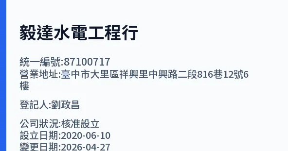 毅達水電工程行的照片-統編 87100717(臺中市) 公司登記資料與營業項目詳細圖表