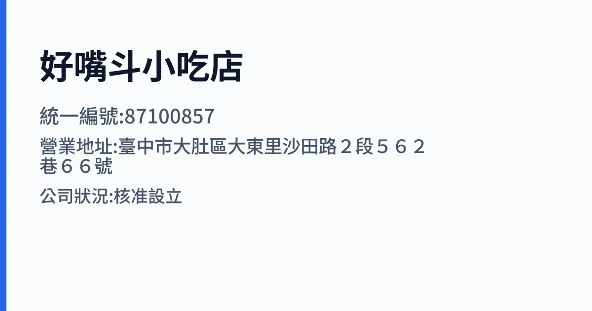 好嘴斗小吃店 - 統編 87100857（臺中市） 公司登記資料與營業項目詳細圖表