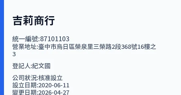 吉莉商行的照片-統編 87101103(臺中市) 公司登記資料與營業項目詳細圖表