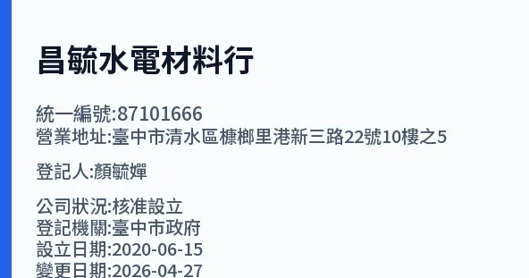 昌毓水電材料行的照片-統編 87101666(臺中市) 公司登記資料與營業項目詳細圖表