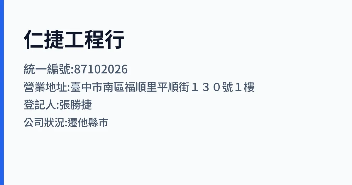 仁捷工程行 - 統編 87102026(南投縣) 公司登記資料與營業項目詳細圖表