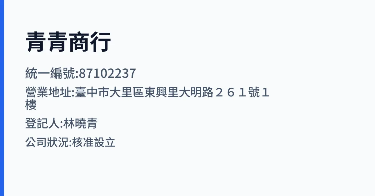 青青商行 - 統編 87102237(臺中市) 公司登記資料與營業項目詳細圖表