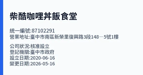 柴酷咖哩丼飯食堂的照片-統編 87102291(臺中市) 公司登記資料與營業項目詳細圖表