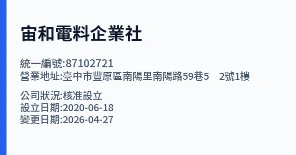 宙和電料企業社的照片-統編 87102721(臺中市) 公司登記資料與營業項目詳細圖表