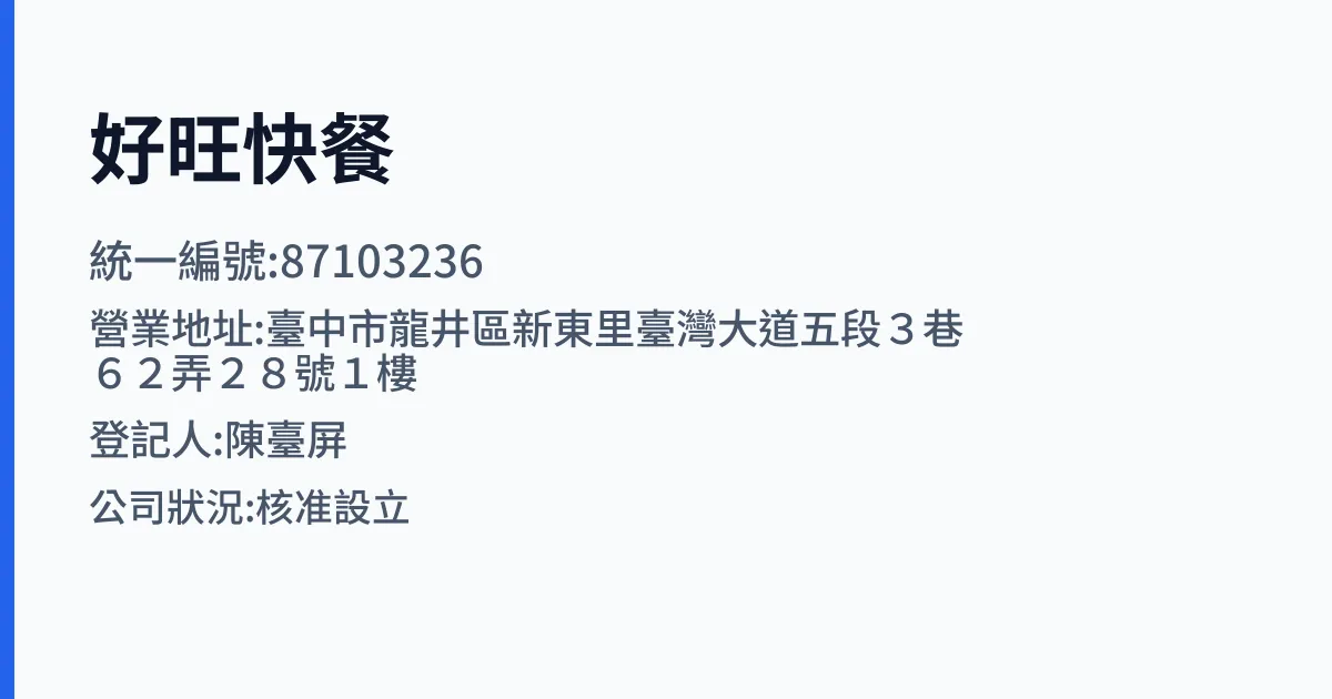 好旺快餐 - 統編 87103236(臺中市) 公司登記資料與營業項目詳細圖表