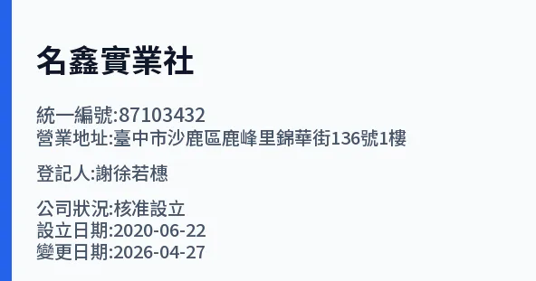 名鑫實業社的照片-統編 87103432(臺中市) 公司登記資料與營業項目詳細圖表