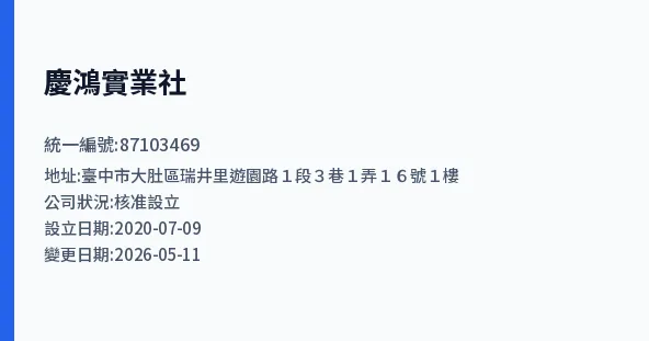 慶鴻實業社的照片-統編 87103469(臺中市) 公司登記資料與營業項目詳細圖表