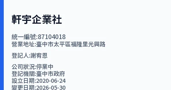 軒宇企業社的照片-統編 87104018(臺中市) 公司登記資料與營業項目詳細圖表