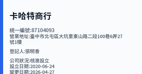 卡哈特商行的照片-統編 87104093(臺中市) 公司登記資料與營業項目詳細圖表