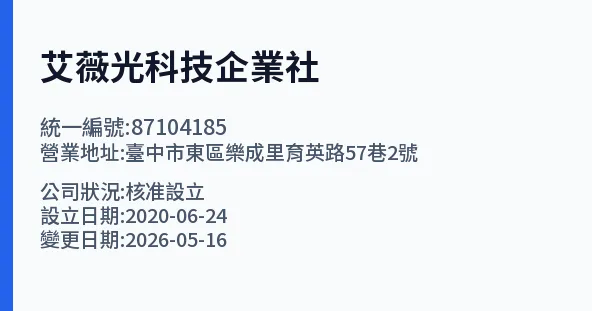 艾薇光科技企業社的照片-統編 87104185(臺中市) 公司登記資料與營業項目詳細圖表