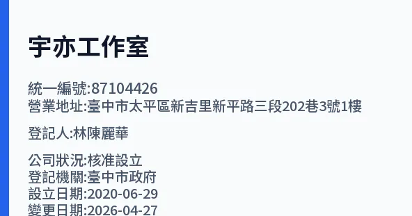 宇亦工作室的照片-統編 87104426(臺中市) 公司登記資料與營業項目詳細圖表