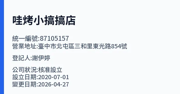 哇烤小搞搞店的照片-統編 87105157(臺中市) 公司登記資料與營業項目詳細圖表
