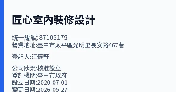 匠心室內裝修設計的照片-統編 87105179(臺中市) 公司登記資料與營業項目詳細圖表