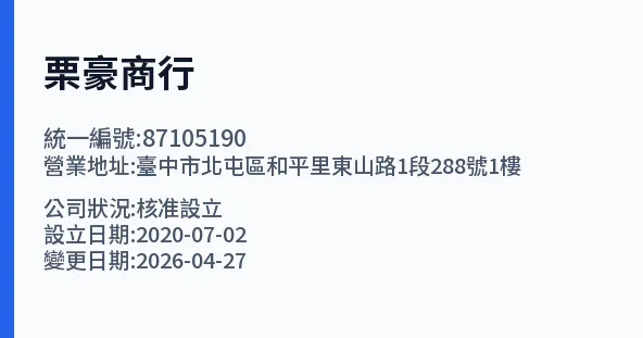 栗豪商行的照片-統編 87105190(臺中市) 公司登記資料與營業項目詳細圖表
