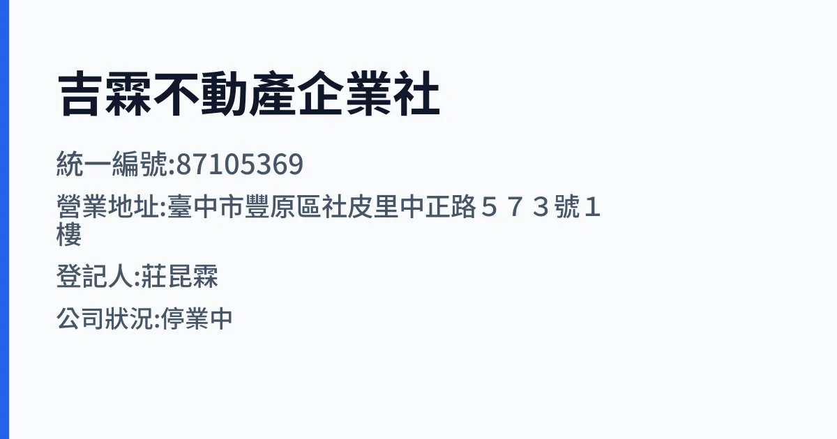 吉霖不動產企業社 - 統編 87105369(臺中市) 公司登記資料與營業項目詳細圖表