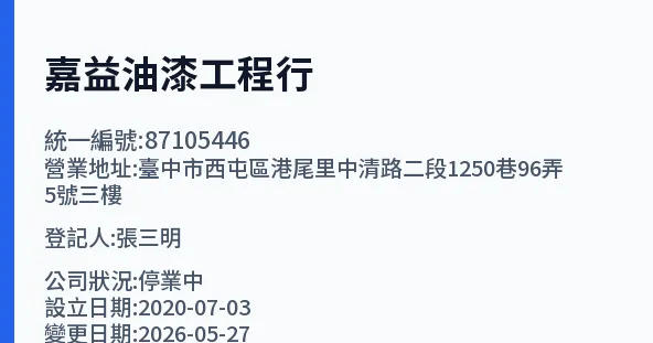 嘉益油漆工程行的照片-統編 87105446(臺中市) 公司登記資料與營業項目詳細圖表