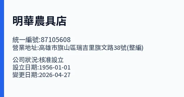 明華農具店的照片-統編 87105608(高雄市) 公司登記資料與營業項目詳細圖表