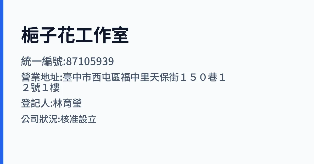 梔子花工作室 - 統編 87105939(臺中市) 公司登記資料與營業項目詳細圖表