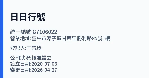 日日行號的照片-統編 87106022(臺中市) 公司登記資料與營業項目詳細圖表