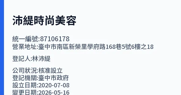 沛緹時尚美容的照片-統編 87106178(臺中市) 公司登記資料與營業項目詳細圖表