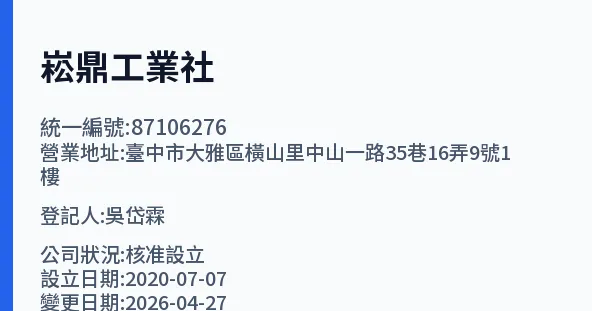 崧鼎工業社的照片-統編 87106276(臺中市) 公司登記資料與營業項目詳細圖表