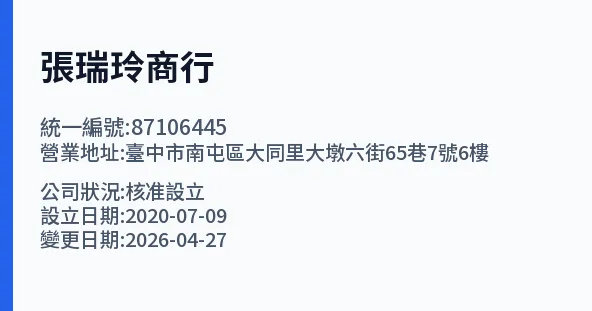 張瑞玲商行的照片-統編 87106445(臺中市) 公司登記資料與營業項目詳細圖表