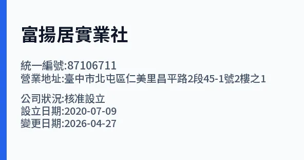 富揚居實業社的照片-統編 87106711(臺中市) 公司登記資料與營業項目詳細圖表