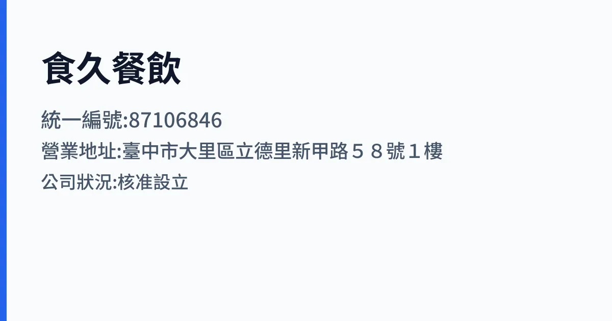 食久餐飲 - 統編 87106846(臺中市) 公司登記資料與營業項目詳細圖表