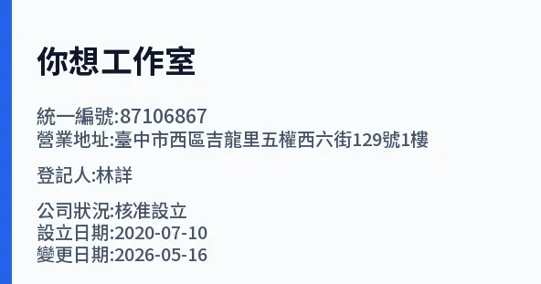 你想工作室的照片-統編 87106867(臺中市) 公司登記資料與營業項目詳細圖表