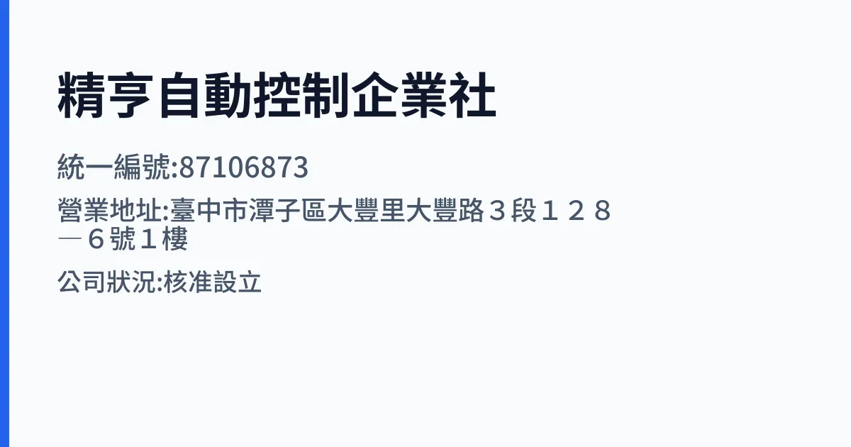 精亨自動控制企業社 - 統編 87106873(臺中市) 公司登記資料與營業項目詳細圖表