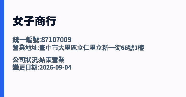 女子商行的照片-統編 87107009(臺中市) 公司登記資料與營業項目詳細圖表