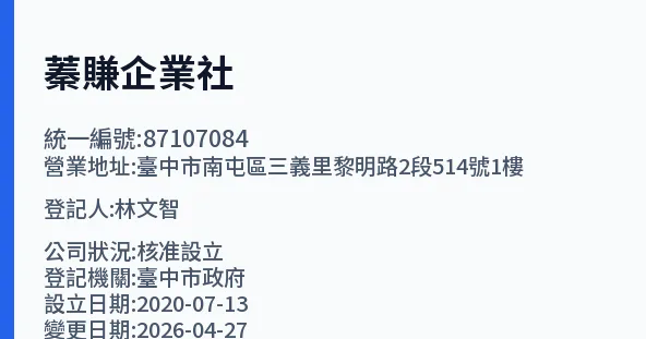 蓁賺企業社的照片-統編 87107084(臺中市) 公司登記資料與營業項目詳細圖表