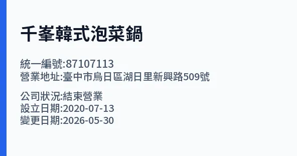 千峯韓式泡菜鍋的照片-統編 87107113(臺中市) 公司登記資料與營業項目詳細圖表