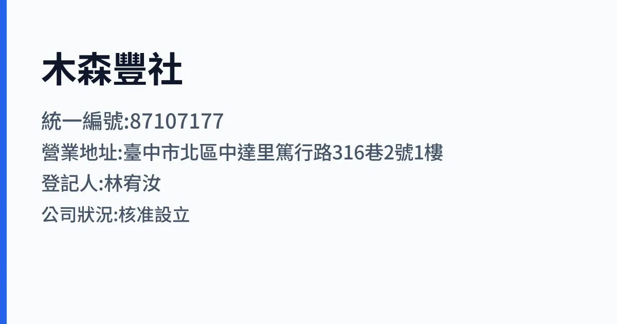木森豐社 - 統編 87107177(臺中市) 公司登記資料與營業項目詳細圖表
