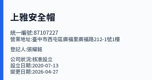 上雅安全帽的照片-統編 87107227(臺中市) 公司登記資料與營業項目詳細圖表