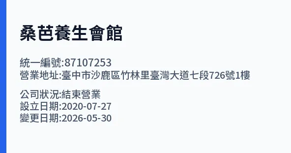 桑芭養生會館的照片-統編 87107253(臺中市) 公司登記資料與營業項目詳細圖表
