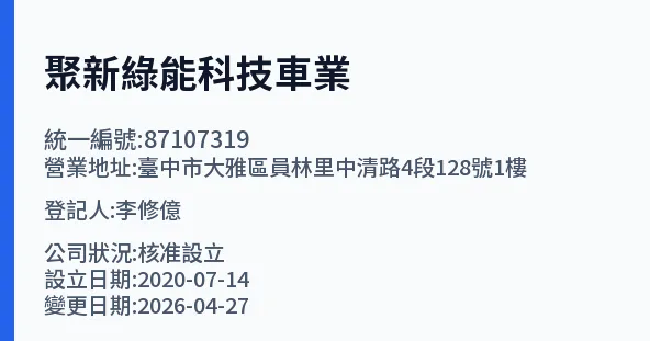 聚新綠能科技車業的照片-統編 87107319(臺中市) 公司登記資料與營業項目詳細圖表