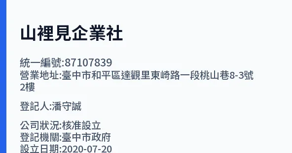 山裡見企業社的照片-統編 87107839(臺中市) 公司登記資料與營業項目詳細圖表
