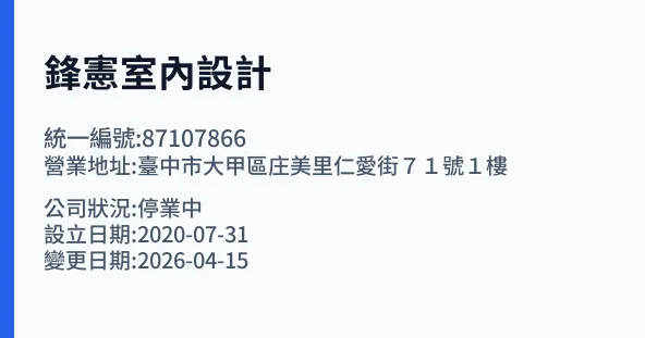 鋒憲室內設計的照片-統編 87107866(臺中市) 公司登記資料與營業項目詳細圖表