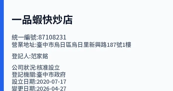 一品蝦快炒店的照片-統編 87108231(臺中市) 公司登記資料與營業項目詳細圖表