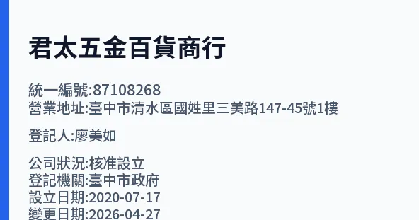 君太五金百貨商行的照片-統編 87108268(臺中市) 公司登記資料與營業項目詳細圖表
