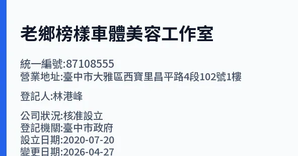 老鄉榜樣車體美容工作室的照片-統編 87108555(臺中市) 公司登記資料與營業項目詳細圖表