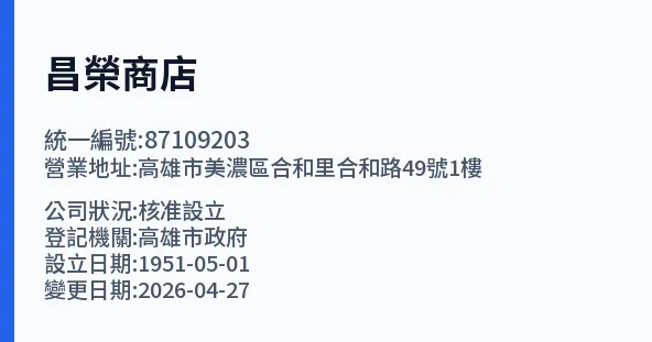 昌榮商店的照片-統編 87109203(高雄市) 公司登記資料與營業項目詳細圖表