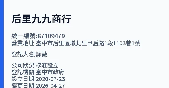 后里九九商行的照片-統編 87109479(臺中市) 公司登記資料與營業項目詳細圖表