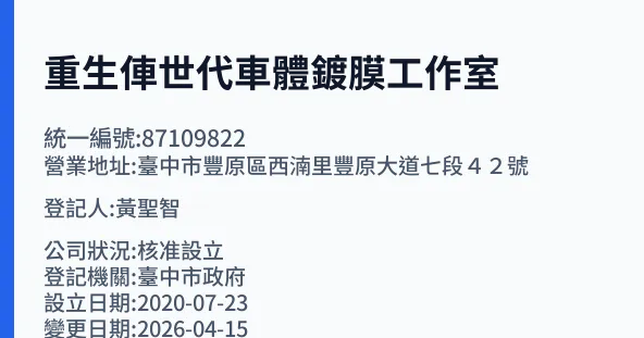 重生俥世代車體鍍膜工作室的照片-統編 87109822(臺中市) 公司登記資料與營業項目詳細圖表